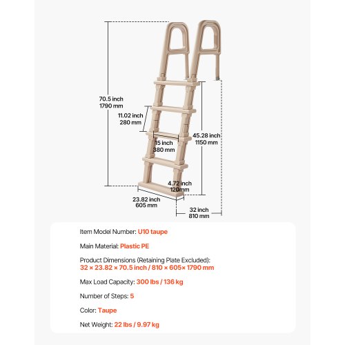 Inclined Pool Ladder 5-Step & 2 Handrails of 300 lb Capacity for 48-54 ...