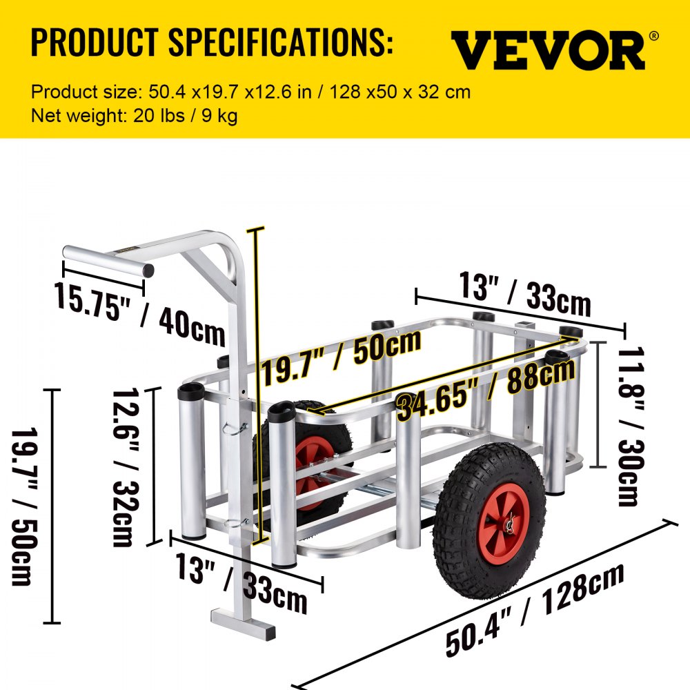 VEVOR Beach Fishing Cart Fish & Marine Carts w/ Balloon Tires for Sand ...
