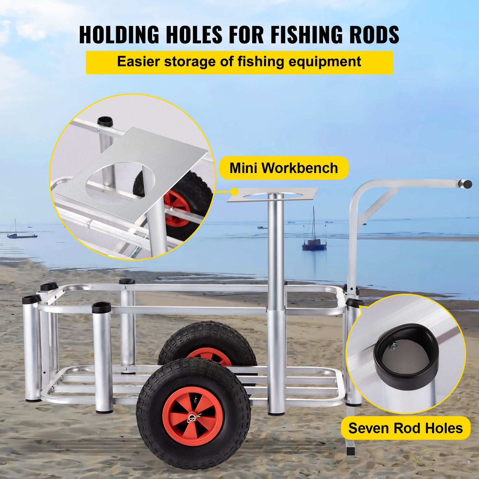 VEVOR Beach Fishing Cart Fish & Marine Carts w/ Balloon Tires for Sand ...
