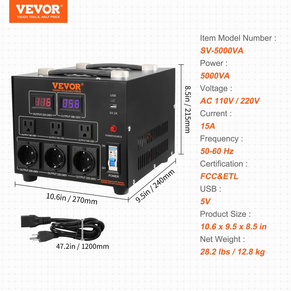 VEVOR Voltage Converter Transformer, 5000W, Heavy Duty Step Up/Down Transformer, Convert from ...