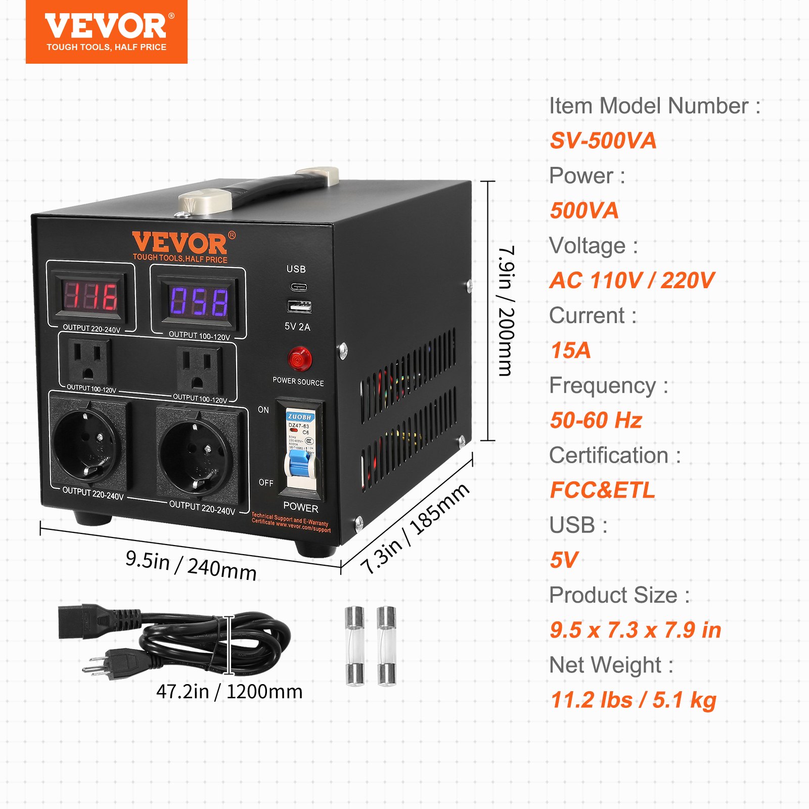 VEVOR Voltage Converter Transformer, 500VA, Heavy Duty Step Up/Down ...