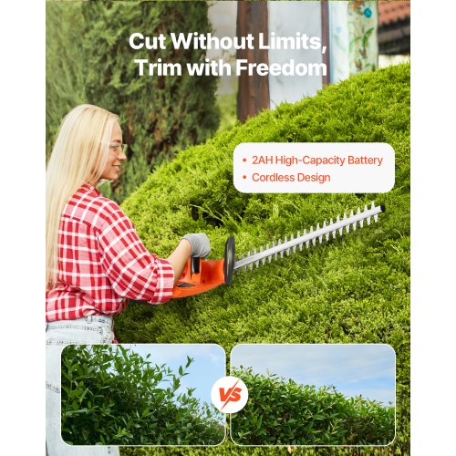 Cordless Electric Hedge Trimmer 20V Battery 20in Dual-Action Blade Bush Cutter | VEVOR US
