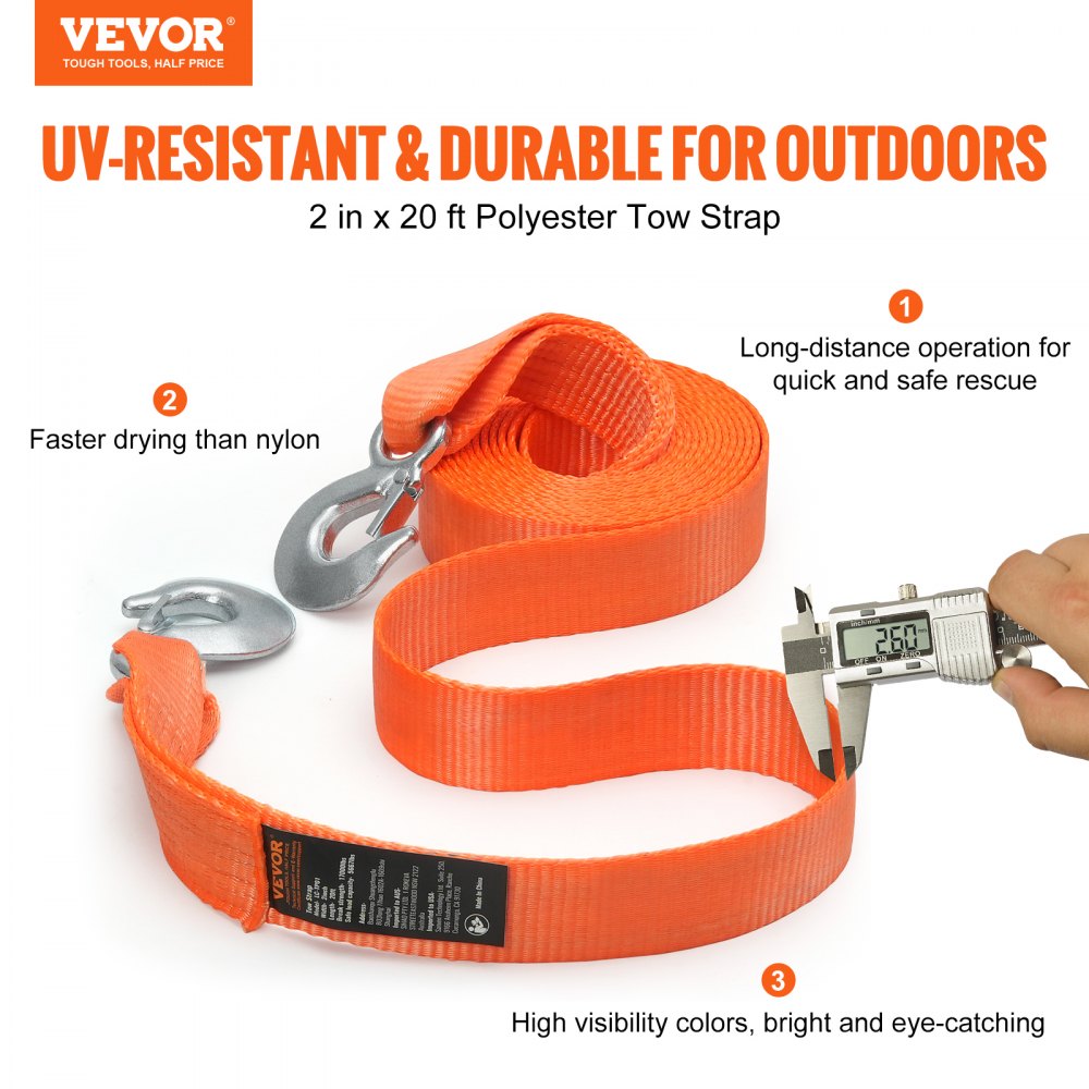 VEVOR ATV Tow Strap with Hooks, 2-inch x 20-foot, 17000 lbs Capacity ...