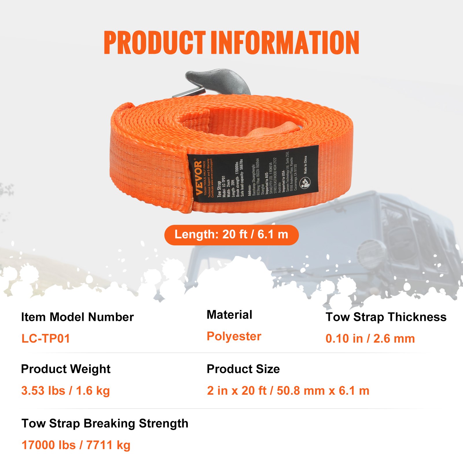 VEVOR ATV Car Tow Strap with Hooks 2"x20' 17000 lbs, Tow Straps with ...