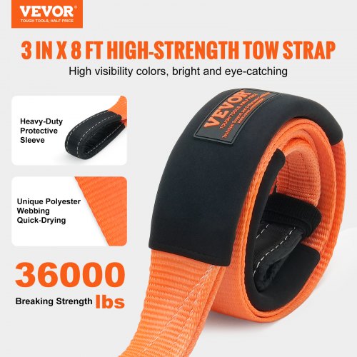 VEVOR Recovery Tow Strap 3 inches, 8 feet 36,000 lbs Break Strength ...