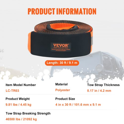 VEVOR Recovery Tow Strap 4" x 30', 46,500 lbs Break Strength, Triple ...