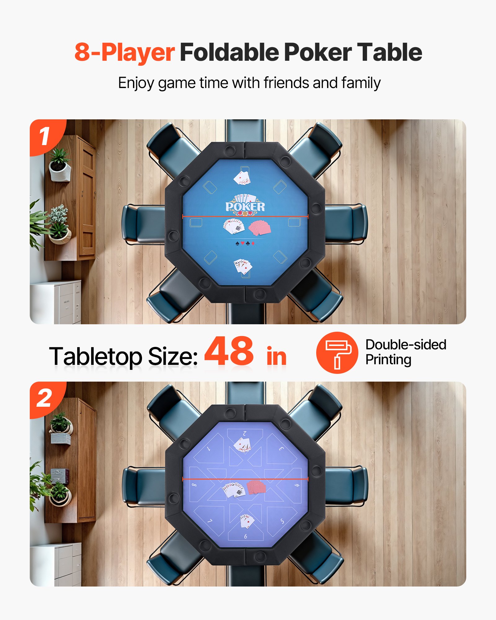 VEVOR Foldable Poker Table with Legs – 48in 8-Player Octagon