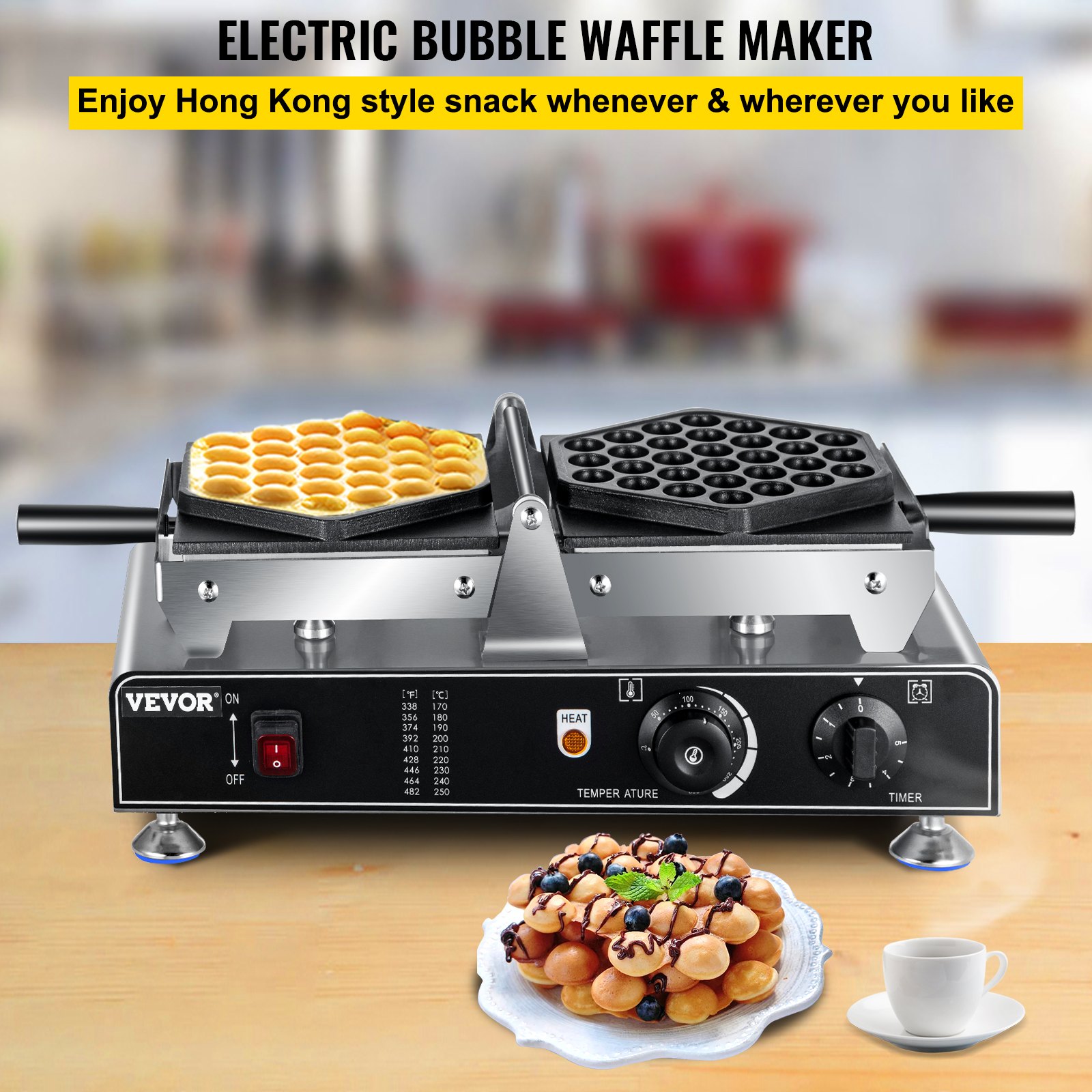 VEVOR Bubble Waffle Maker, 110V Electric Egg Waffle Maker, 1500W Hong ...