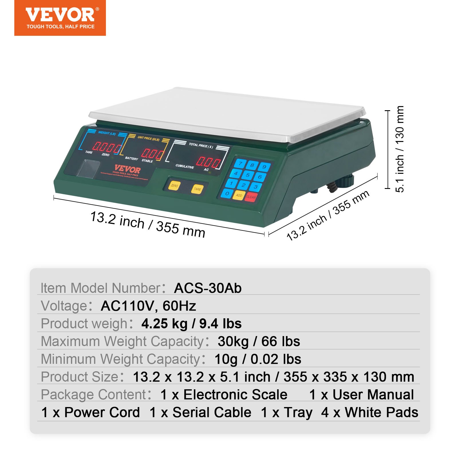 VEVOR Electronic Price Computing Scale, 66 LB Digital Deli Weight ...