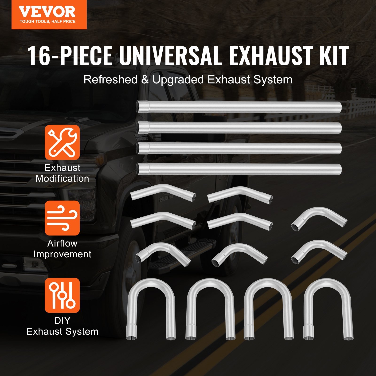 VEVOR Exhaust Kit, 16pcs, DIY Universal Stainless Steel Exhaust Kit ...