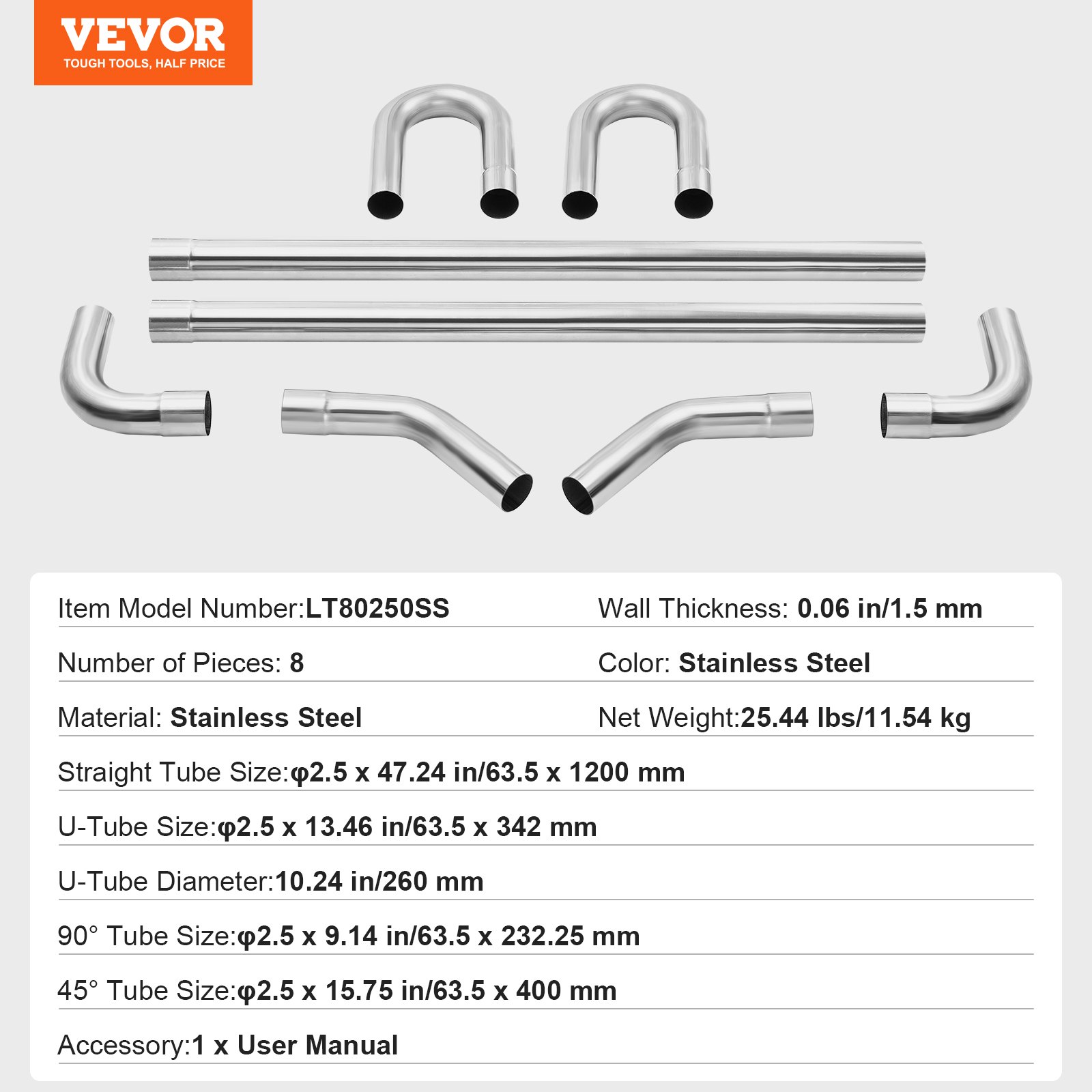 VEVOR Exhaust Kit, 8 Pieces, DIY Universal Stainless Steel Exhaust Kit ...