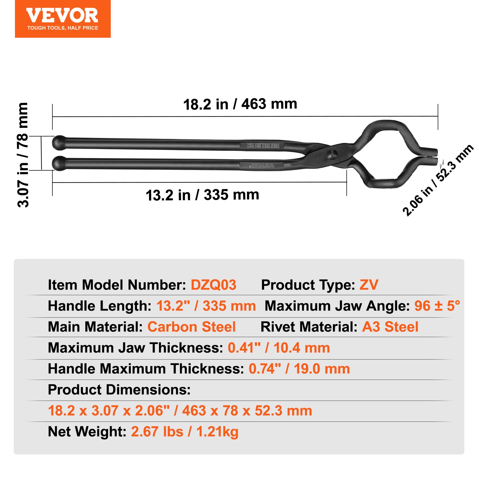 VEVOR Blacksmith Tongs, 18” Z V-Bit Tongs, Carbon Steel Forge Tongs ...