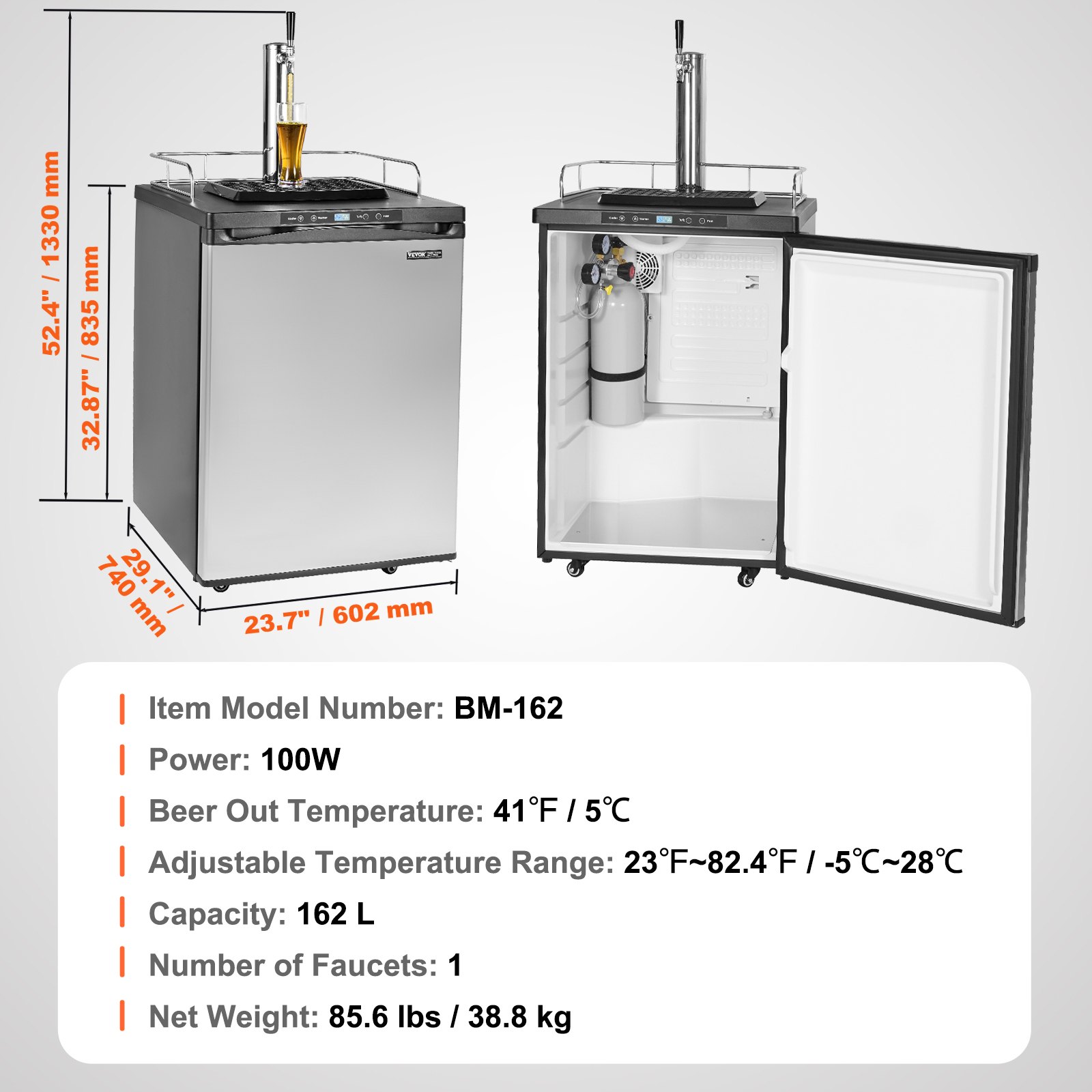 VEVOR Beer Kegerator, Single Tap Draft Beer Dispenser, Full Size Keg ...