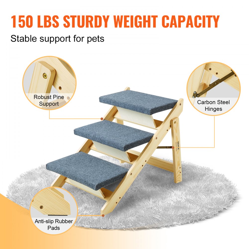 VEVOR Wood Pet Stairs/Pet Steps, 2-in-1 Foldable Wooden Dog Stair for ...