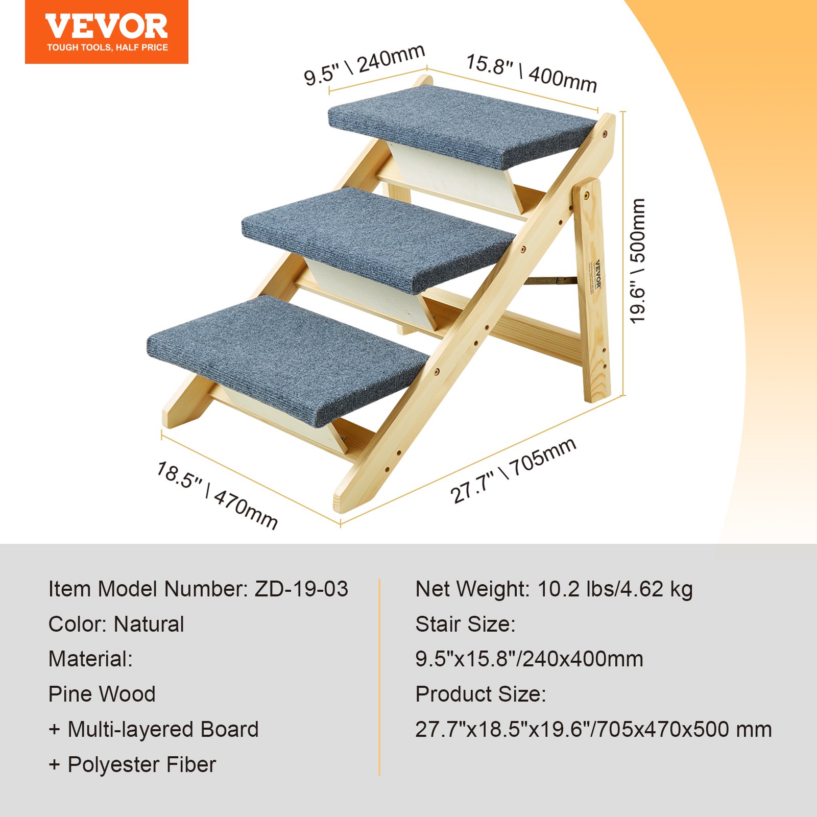 VEVOR Wood Pet Stairs/Pet Steps, 2-in-1 Foldable Wooden Dog Stair for ...