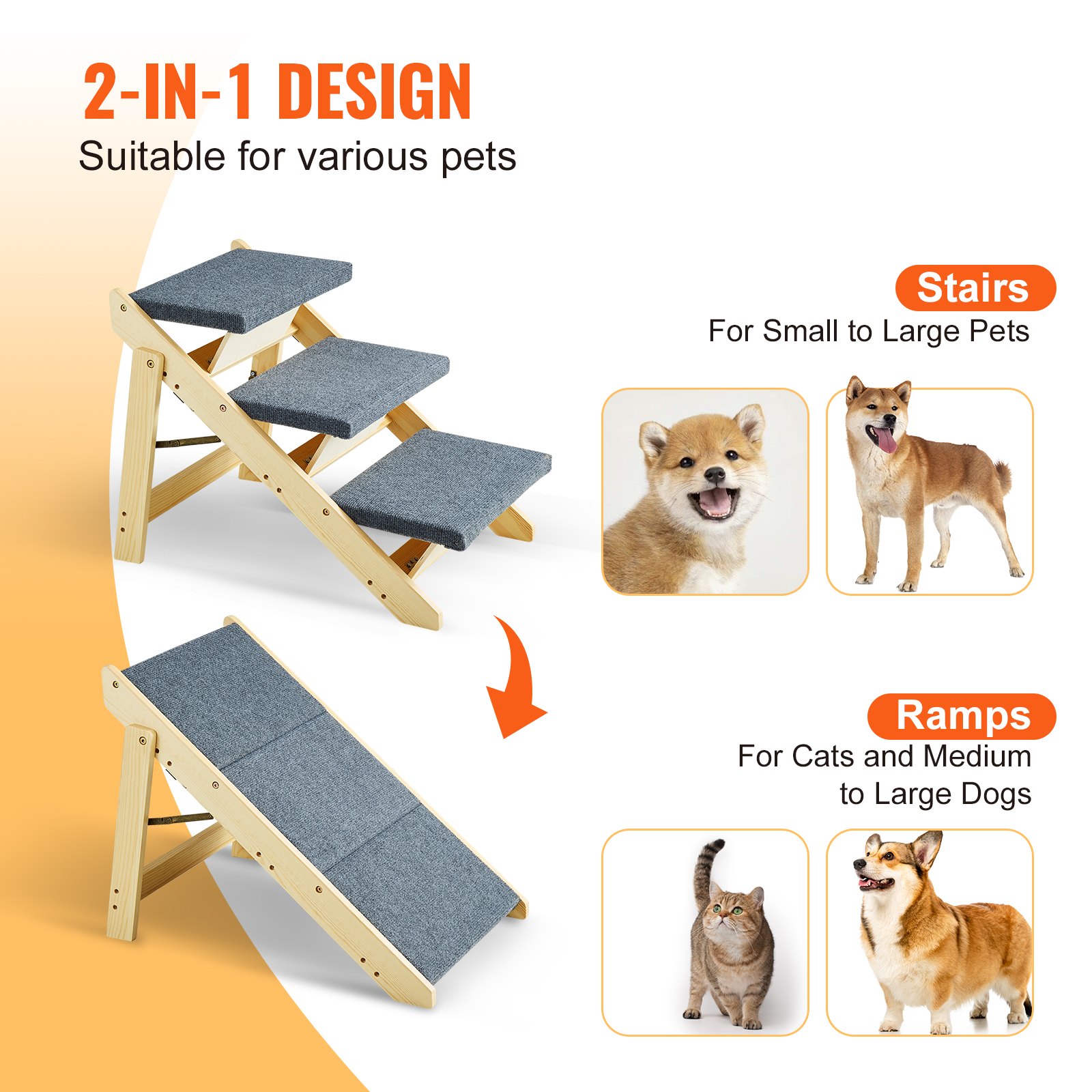 VEVOR Wood Pet Stairs/Pet Steps, 2-in-1 Foldable Wooden Dog Stair for ...