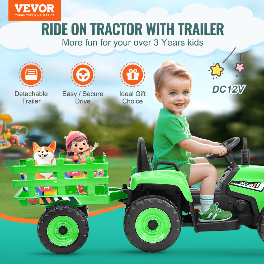 VEVOR Kids Ride on Tractor 12V Electric Toy Tractor with Trailer Remote ...