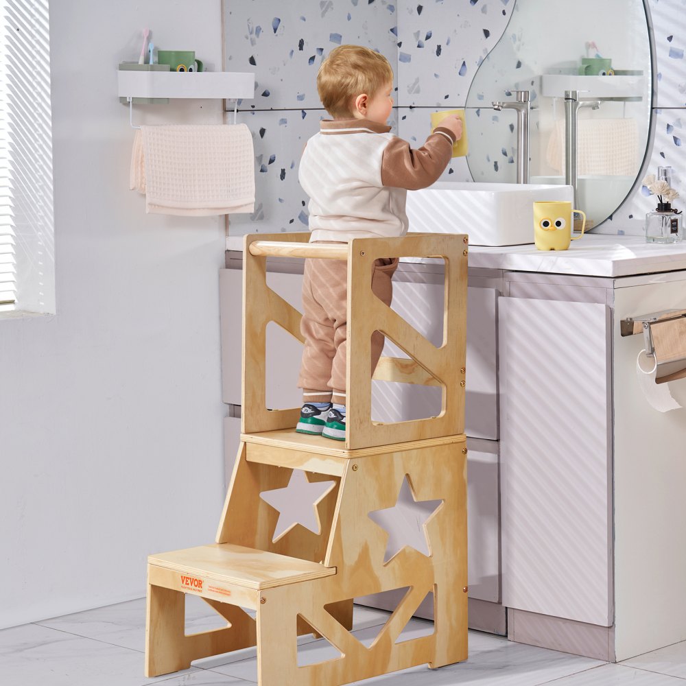 VEVOR Toddler Step Stool, Natural Pine Wood Kids Kitchen Stool with ...