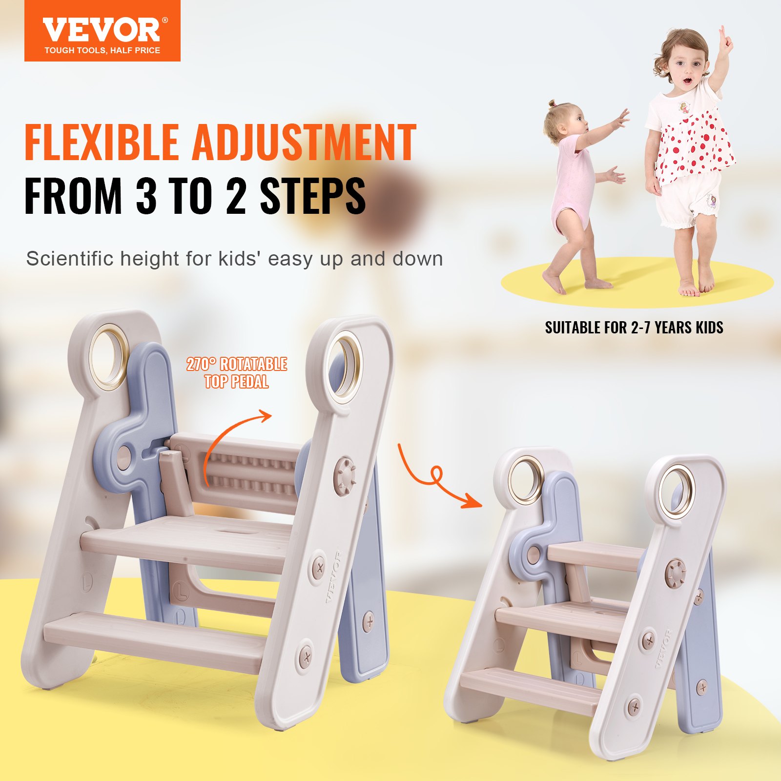VEVOR Toddler Step Stool, Adjustable 3 Step to 2-Step Kitchen Stool ...
