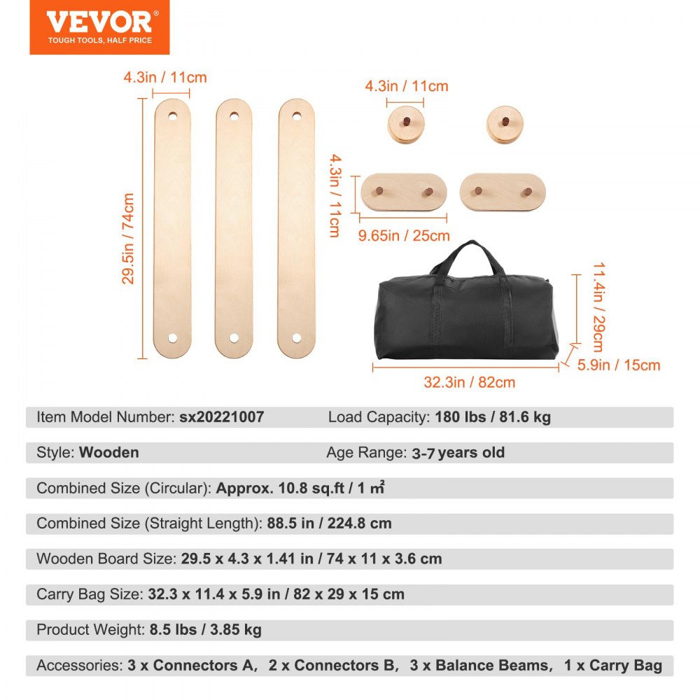 VEVOR Balance Beam Stepping Stones, 3 PCS Wooden Toddler Balance Boards ...