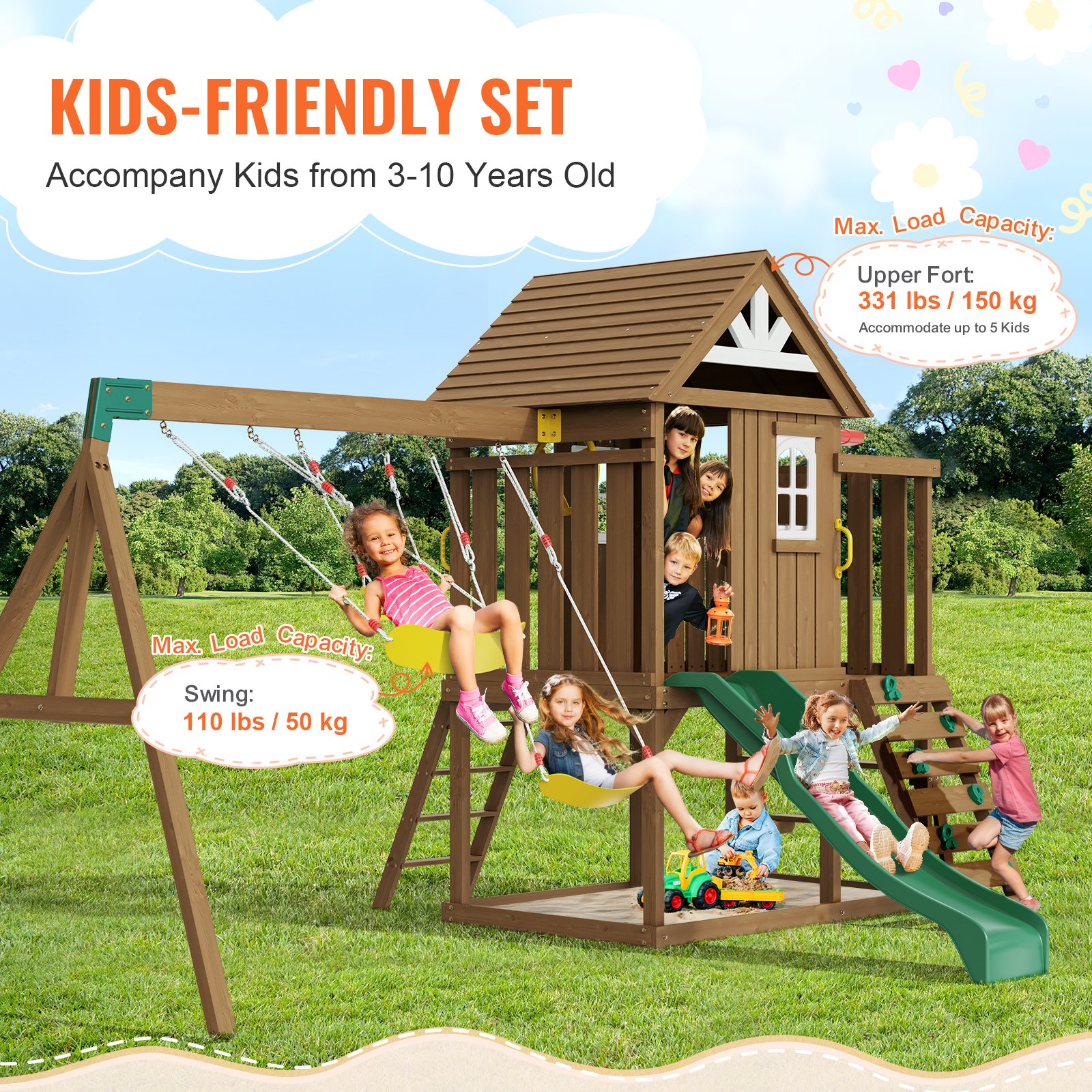 VEVOR Swing Set with a Fort – 9-in-1, TLG92009, 331 lbs