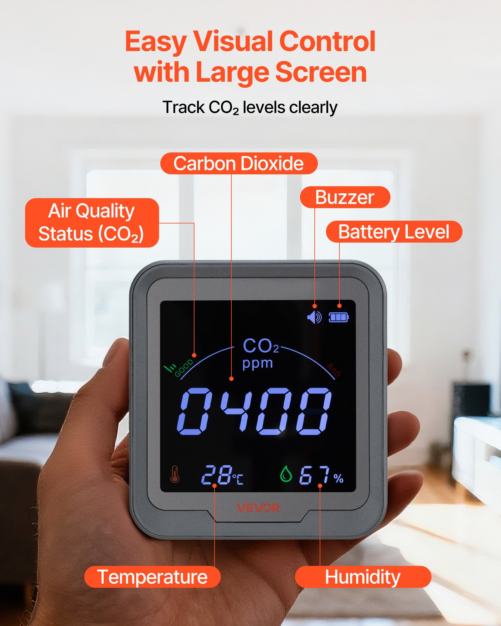 VEVOR Portable CO2 Monitor – 400–5000 ppm, 2000mAh, 0.46 lbs