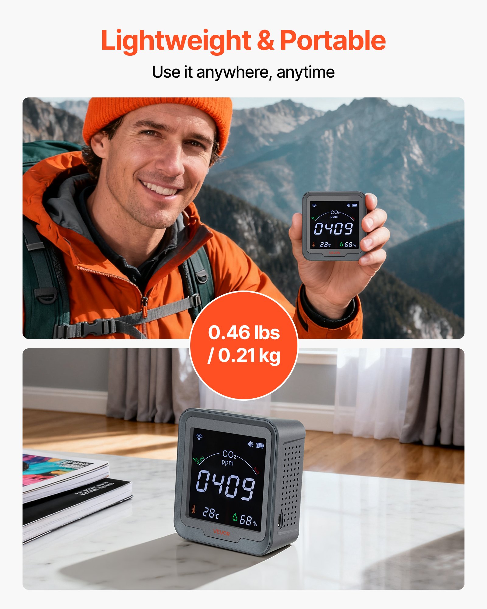 VEVOR CO2 Monitor for Home – 400–5000ppm, 2000mAh Battery