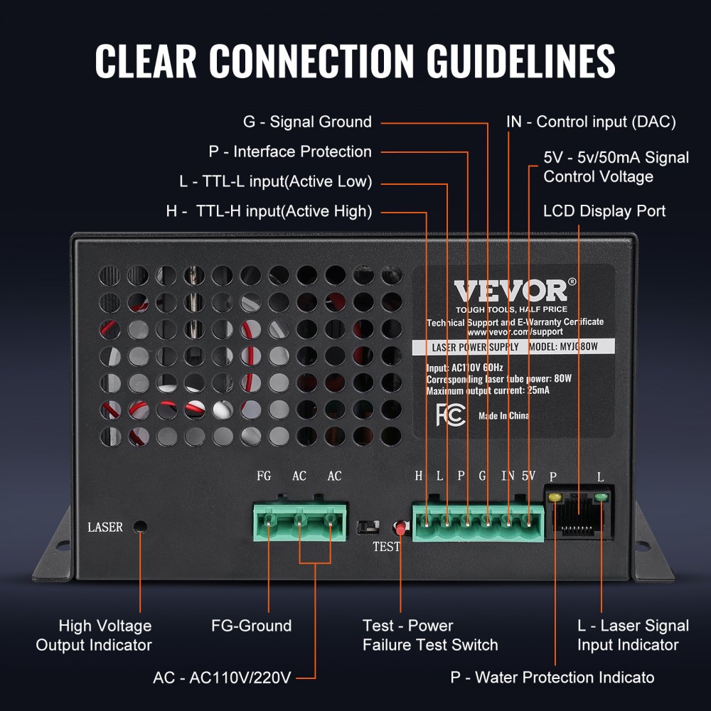 VEVOR CO2 Laser Power Supply for 80W Laser Tube Laser Engravers and ...