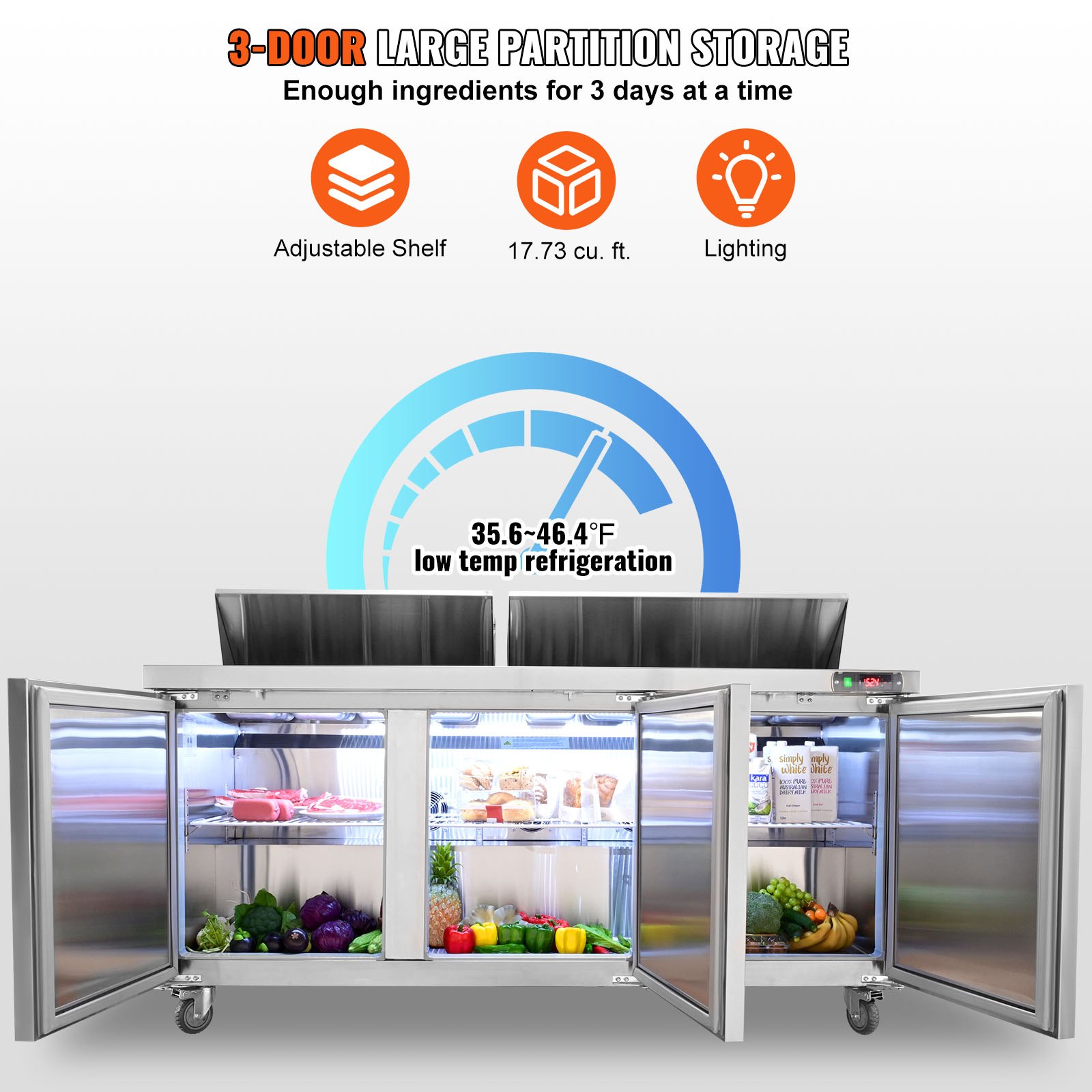 VEVOR Commercial Refrigerator, 72" Sandwich & Salad Prep Table, 17.73 ...