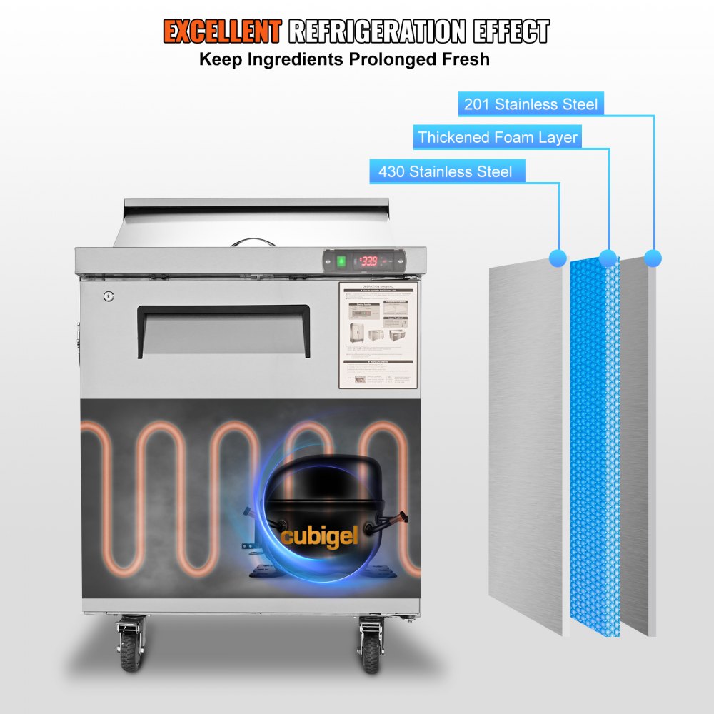 VEVOR Sandwich Prep Table, 7.42 Cu. Ft. Salad Single-door Refrigerated ...