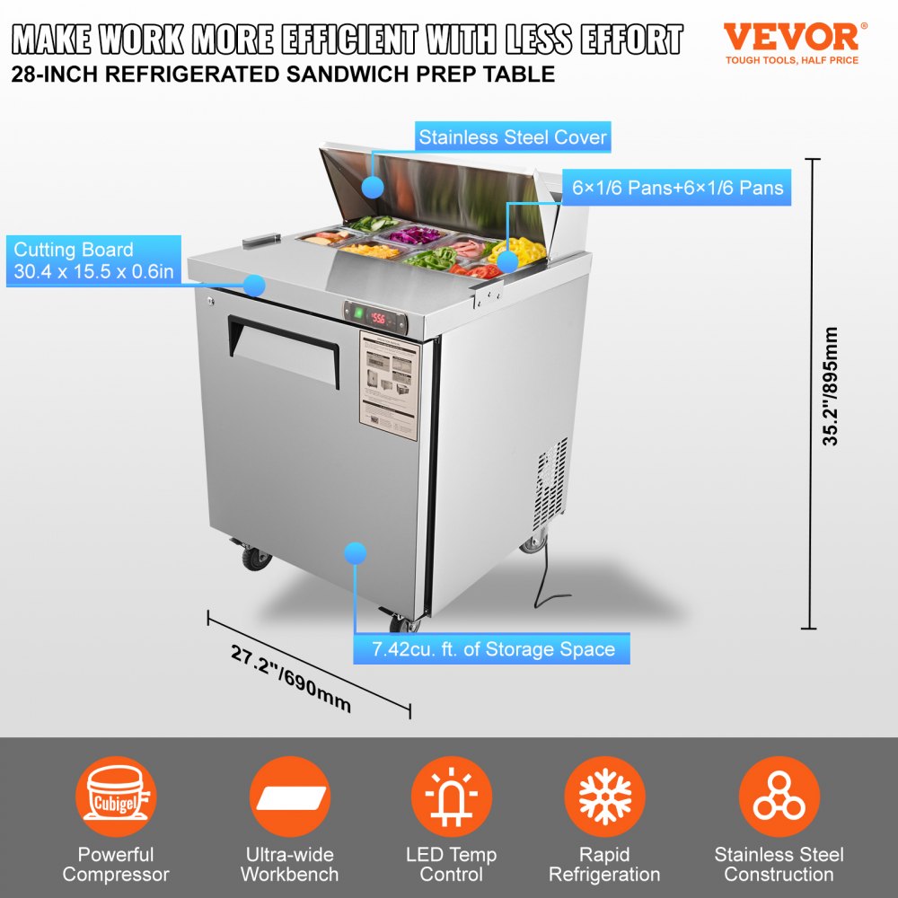 VEVOR Sandwich Prep Table, 7.42 Cu. Ft. Salad Single-door Refrigerated ...