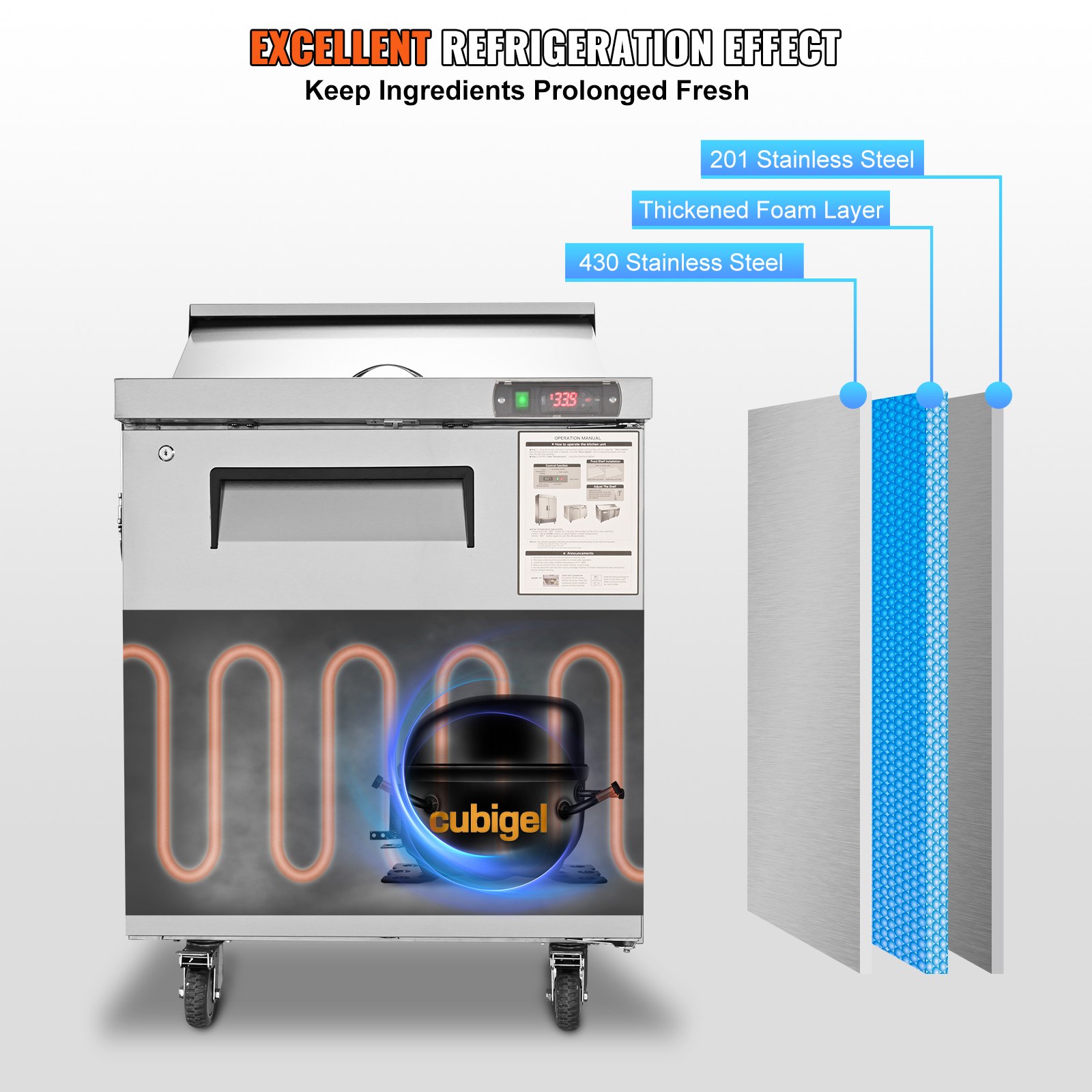 VEVOR Sandwich Prep Table, 7.42 Cu. Ft. Salad Single-door Refrigerated ...
