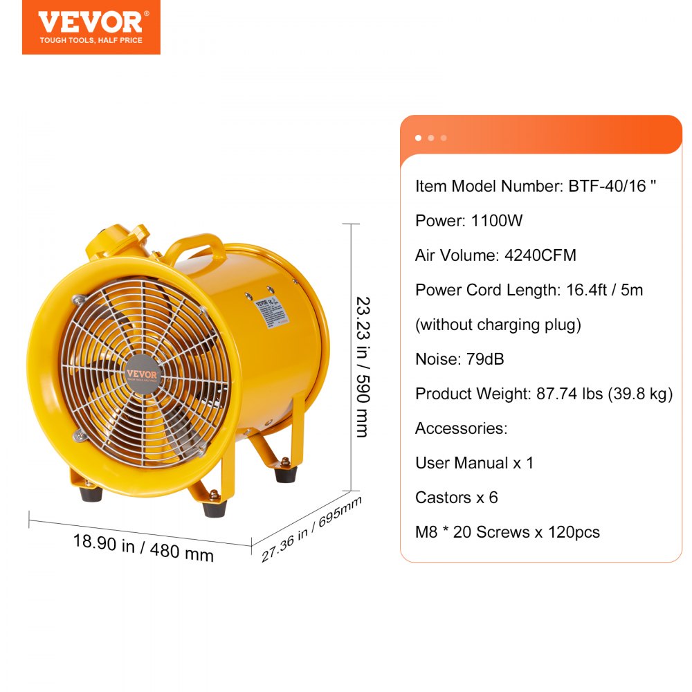 VEVOR 406.4mm Extractor Fan Blower Portable 5m Power Cord Ventilator ...