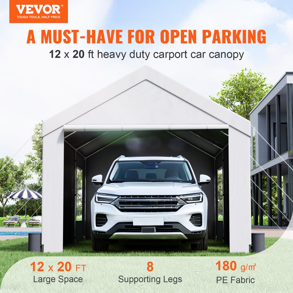 VEVOR Carport, 12 x 20 ft Heavy Duty Car Canopy with Roll-up Ventilated ...