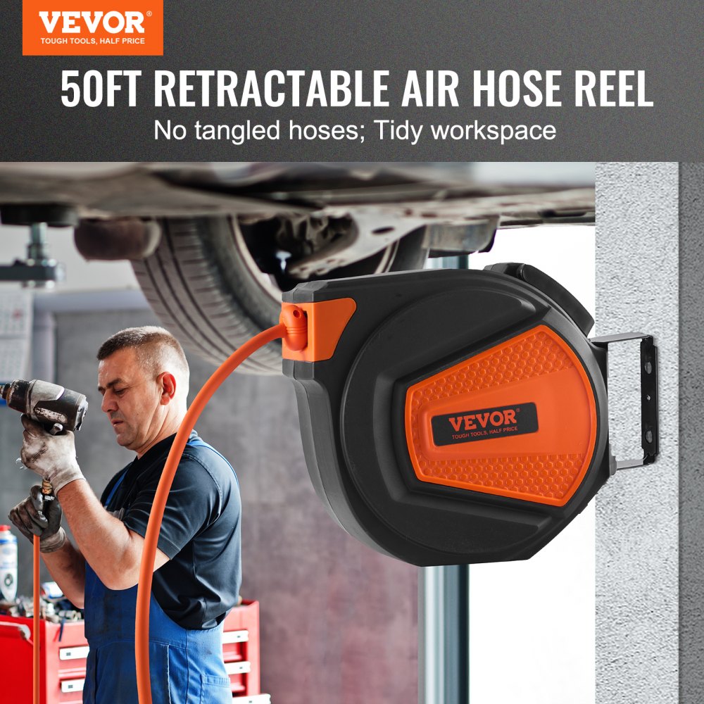 VEVOR Retractable Air Hose Reel, 3/8 IN x 50 FT Hybrid Air Hose Max 300PSI, Air Compressor Hose ...