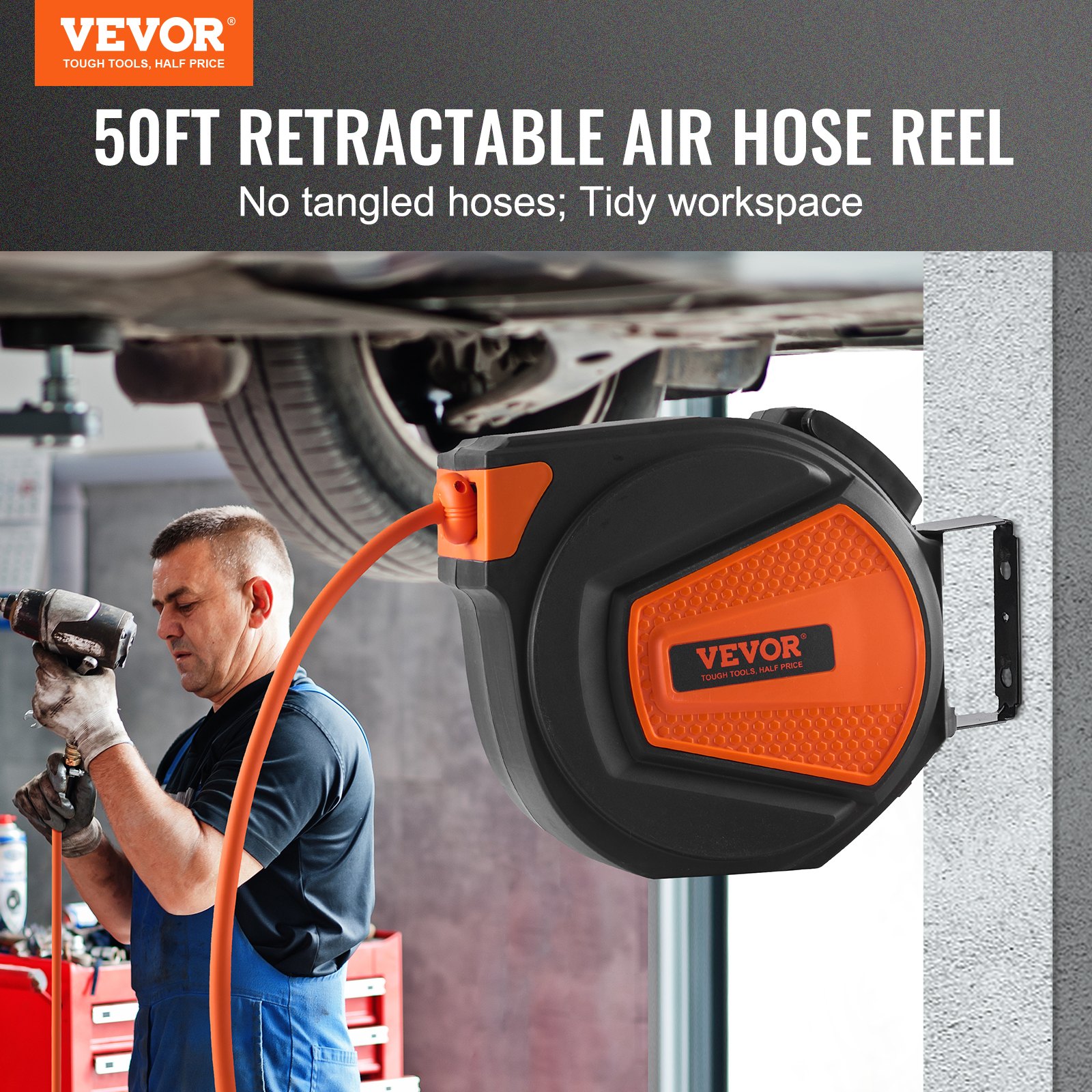 Vevor Retractable Air Hose Reel 38 In X 50 Ft Hybrid Enclosed Air Hose