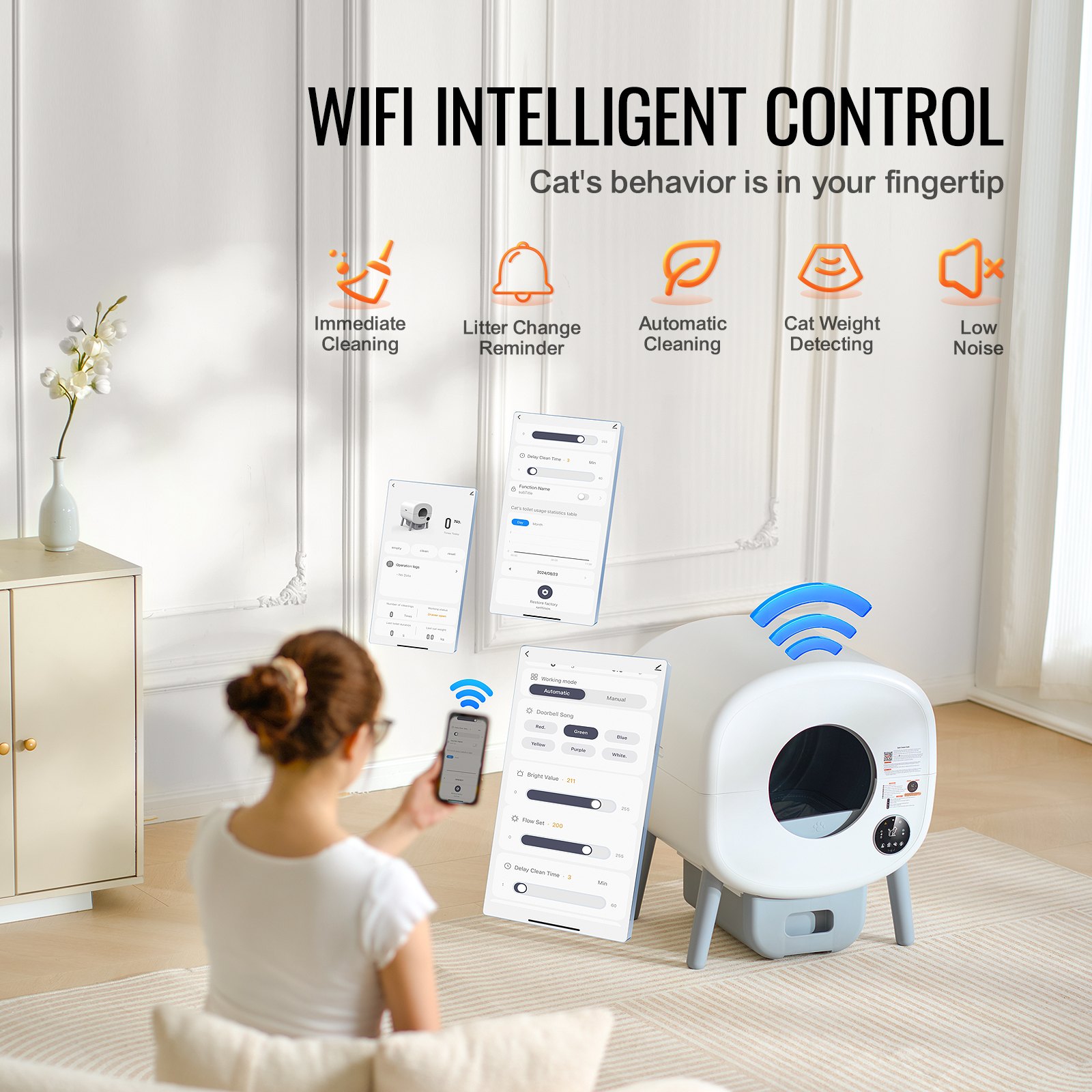 VEVOR 75L Self Cleaning Cat Litter Box with Odor Removal APP Control ...