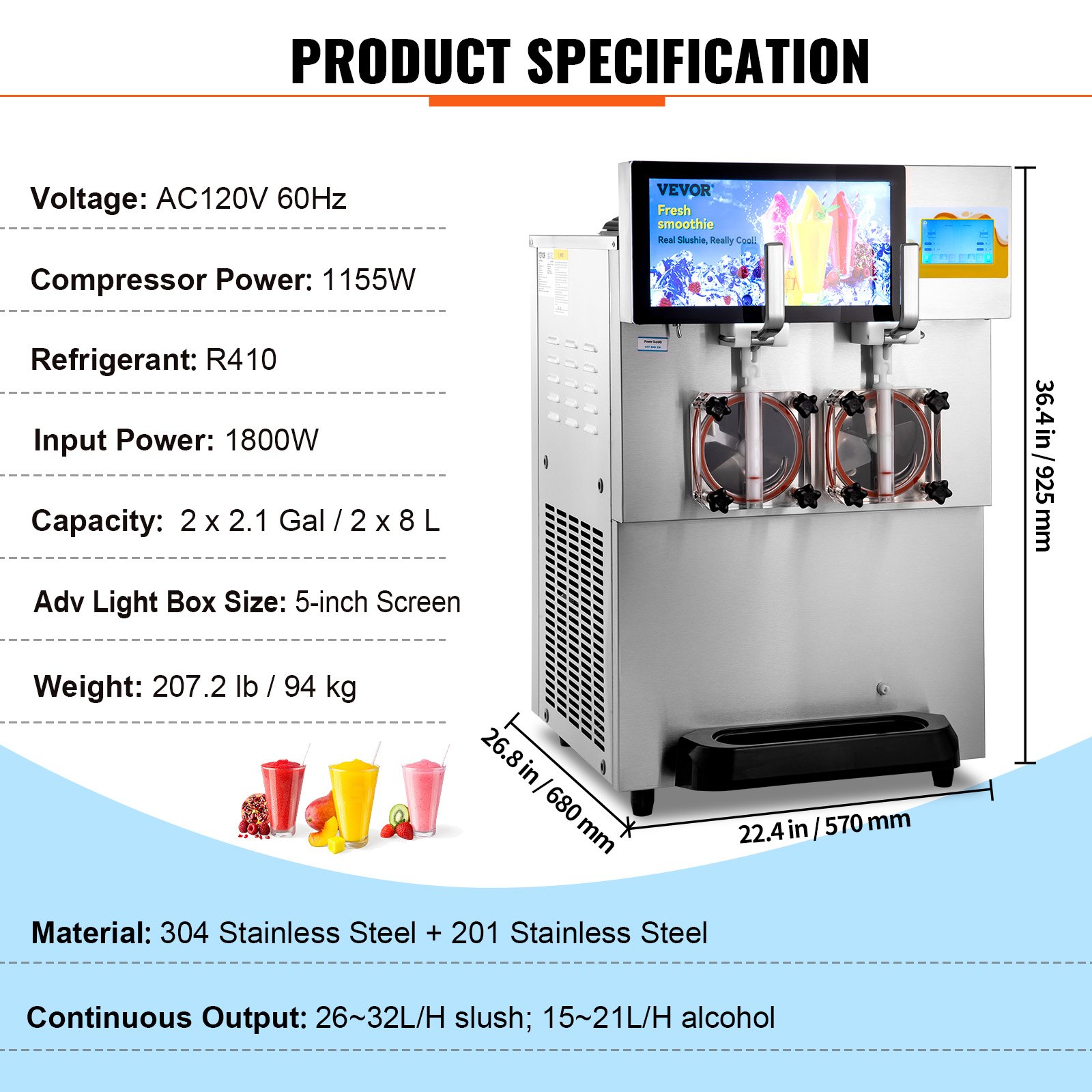 VEVOR Commercial Slushy Machine, 8L / 2.1 Gal Double Bowl Margarita ...