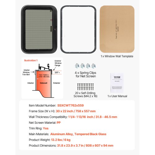 VEVOR Exit RV Window 30" W x 22" H Emergency Push Out Window W/ Screen ...