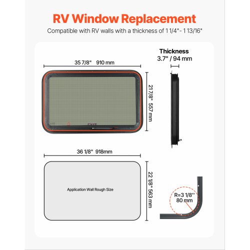 Exit RV Window 36" W x 22" H Emergency Push Out Window W/ Screen & Ring ...