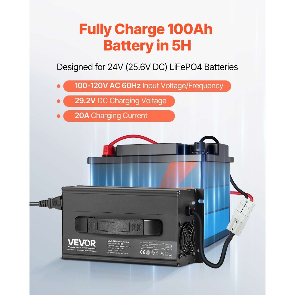 VEVOR 24V 20A Lithium Battery Charger, 29.2V, AC-DC LiFePO4 Smart ...