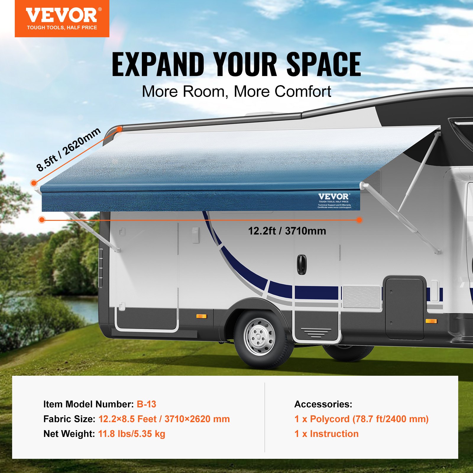 VEVOR RV Awning Fabric Replacement, 12'2" Fabric Length for 13' Awning ...