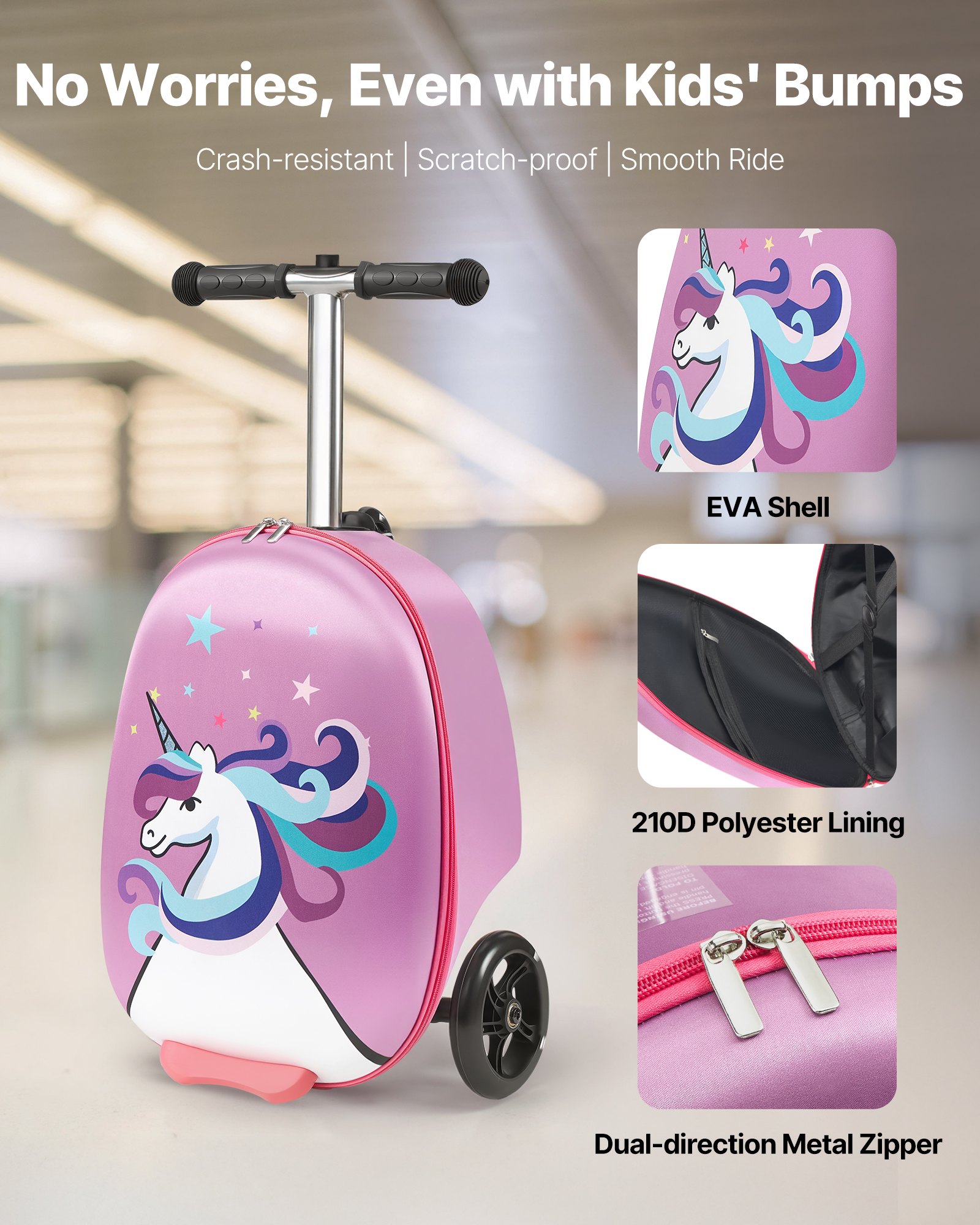 VEVOR Ride-on Luggage, 20 L Capacity, 20 Inches Kids Scooter Suitcase ...