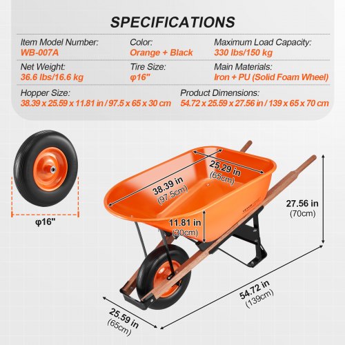 VEVOR Wheelbarrow Cart, 6 Cu. Ft. Load & 330 lbs Capacity, One Wheel ...