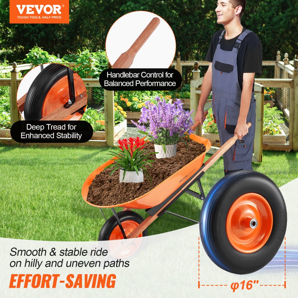 VEVOR Wheelbarrow Cart One Wheel Garden Dump Cart 330 lbs Yard Utility ...