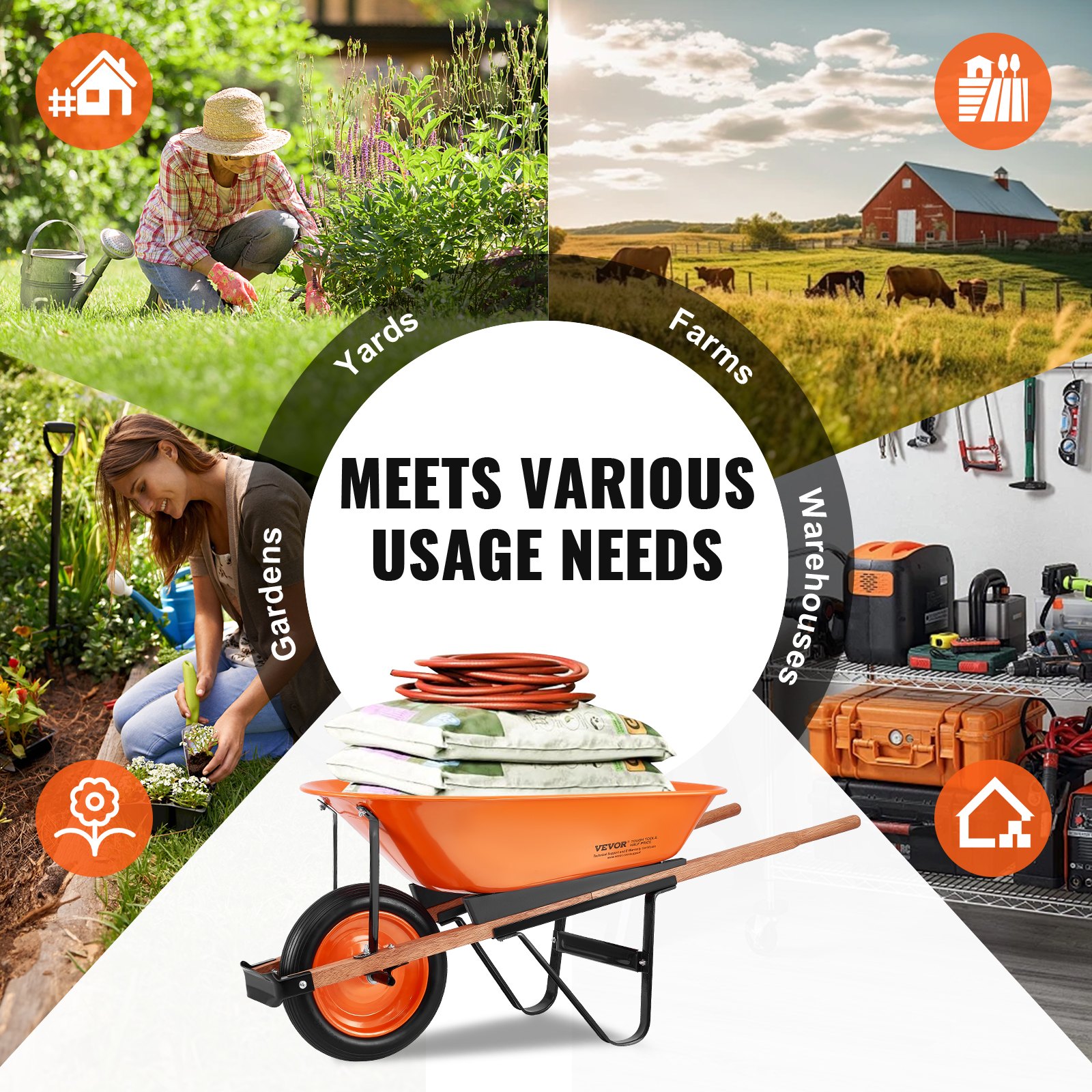 VEVOR Wheelbarrow Cart One Wheel Garden Dump Cart 330 lbs Yard Utility ...