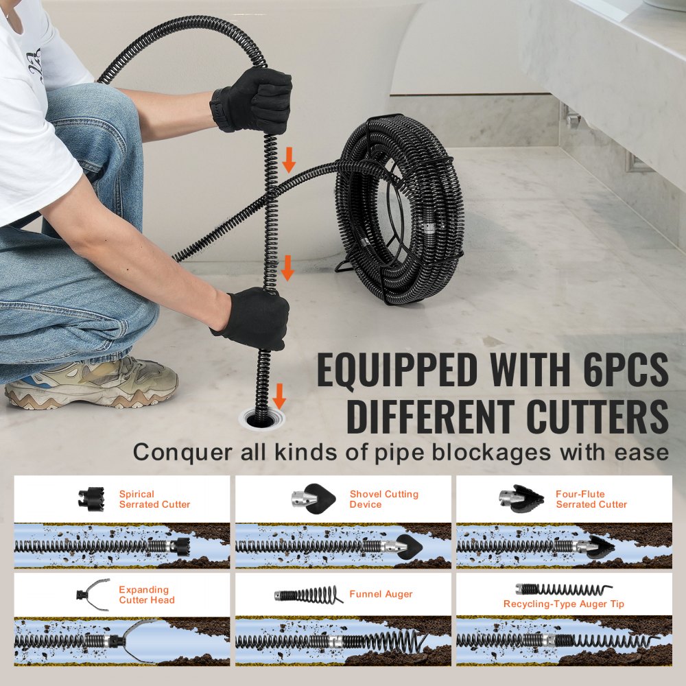 VEVOR Drain Cleaning Cable 45 FT x 7/8 Inch, Professional Sectional ...