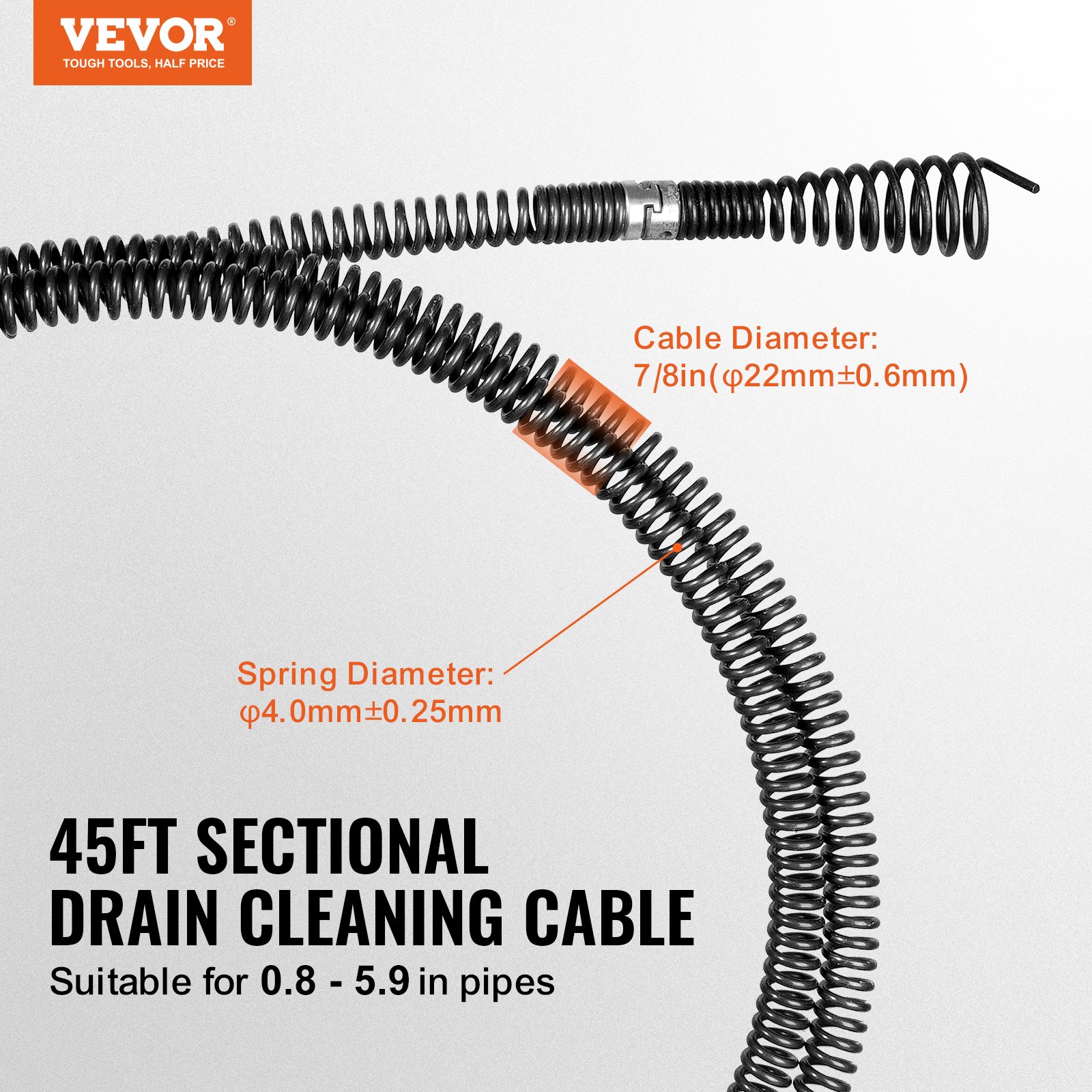 VEVOR Drain Cleaning Cable 45 FT x 7/8 Inch, Professional Sectional ...