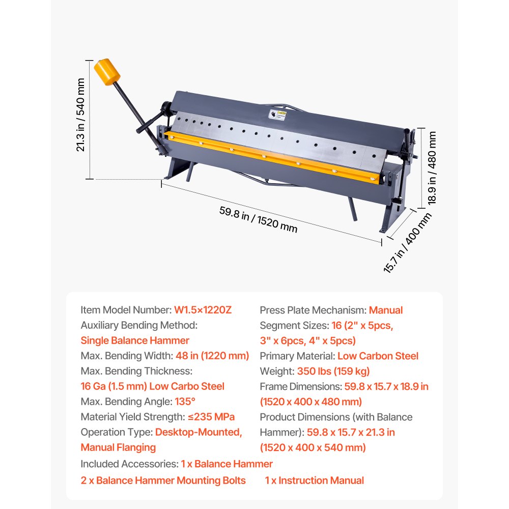 VEVOR 48 Inch Sheet Metal Bending Brake – Model W1.5×1220Z