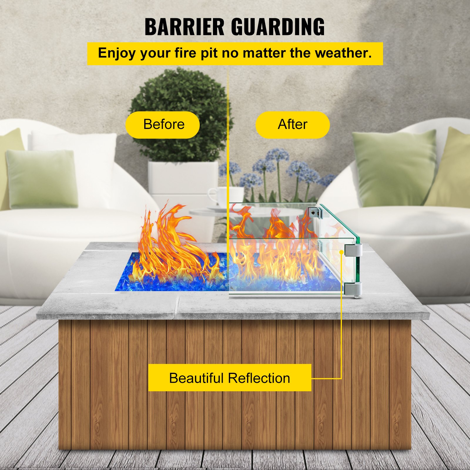 VEVOR Fire Pit Wind Guard 21 x 21 x 6 Inch Glass Flame Guard, Rectangle ...